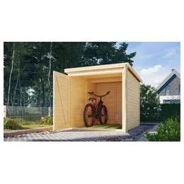 Fahrradbox Karibu "Fahrradgarage mit Einschub und Halterung f&uuml;r bis zu 3 Fahrr&auml;der", beige (naturbelassen), B:162,5cm H:167cm T:216,5cm, Holzwerkstoff, Aufbewahrungsboxen, in 2 Ausf&uuml;hrungen, BxTxH: 162,5x216x167 cm