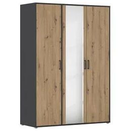 Dreht&uuml;renschrank Rauch "Kleiderschrank Schrank Garderobe W&auml;scheschrank VOYAGER", grau (graumetallic, eiche artisan), B:140cm H:194cm T:53cm, Holzwerkstoff, Schr&auml;nke, Dreht&uuml;renschrank, mit modernen Griffen in Graumetallic und Spiegel