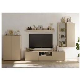 Wohnwand Home Affaire "Rio, 4tlg. Breite 300 cm, modernes, elegantes Wohnzimmer-Set", cashmere, front mit geriffelter struktur, B:300cm H:200cm T:42cm, Holzwerkstoff, Kastenm&ouml;bel-Sets, Wohnwand, (Lowboard, Highboard, H&auml;ngevitrine, Wandboard), MDF-Fronten geriffelt