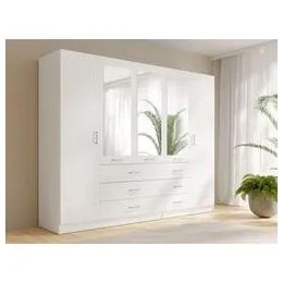 Kleiderschrank Home Affaire "KOS Garderobe mit 6 Schubladen, Kleiderstange, 5 Einlegeb&ouml;den, Spiegel", wei&szlig;, B:250cm H:200,5cm T:58cm, Melamin, Schr&auml;nke, Kleiderschrank, W&auml;scheschrank mit 5 Dreht&uuml;ren, silber Griffen, Ma&szlig;e B/H/T 250/200/58cm