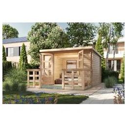 Gartenhaus Karibu "Remus" SET naturbelassen mit Terrasse", beige (naturbelassen), ohne Fu&szlig;boden, ohne Dacheindeckung, Massivholz, Gartenh&auml;user, Gartenhaus, Gartenhaus aus hochwertiger nordischer Fichte