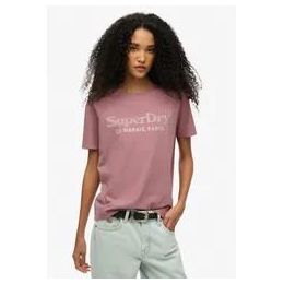 Kurzarmshirt Superdry "VENUE METALLIC RELAXED TEE", Damen, Gr. XS, lila (grape shake lila), Single Jersey, Obermaterial: 100% Baumwolle, bedruckt, relaxed fit normal, Rundhals, Shirts