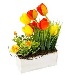 Gestecke OTTO HOME "Tulpen Wildrosen und Gras", gelb (gelb, orange), B:18cm H:26cm L:10cm, Kunstpflanzen, Im Topf, aus Holz, Blumendeko