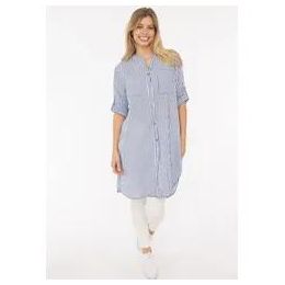 Longbluse Zwillingsherz "Kida", Damen, blau (jeans), Web, Obermaterial: 100% Baumwolle, gestreift, comfort fit lang, V-Ausschnitt, Krempel&auml;rmel 1-Knopf-Manschette, Blusen Longbluse, One Size, Streifen, Knopfleiste, Brusttaschen, 3/4-Arm