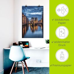 Wandbild Artland, B:80cm H:120cm, blau, Papier, Wohnzimmer, Bilder, "Wasserschloss Speicherstadt in Hamburg", als Alubild, Leinwandbild, Poster,