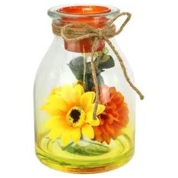 Teelichthalter I.GE.A. "Teelichthalter aus Glas mit Teelichtkerze", orange, B:12cm H:18cm, Glas, Kerzenhalter, Teelichthalter, Herbstlich dekoriert mit Sonnenblume Dahlie Eukalyptus Kerze Windlicht