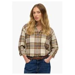 Karobluse Superdry "CHECK FLANNEL BOYFRIEND SHIRT", Damen, Gr. XS, beige, cream check, Flanell, Obermaterial: 100% Baumwolle, kariert, casual, oversize, Langarm, Blusen Karobluse