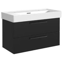 Waschtisch Welltime "SALVADA, Softclose-Ausz&uuml;ge, Keramikbecken", schwarz, schwarz, B:100cm H:62,5cm T:47,6cm, Waschtische, Waschtisch, Schwarz, Lochbohrung f&uuml;r zwei Armaturen, Anti-Finger-Print