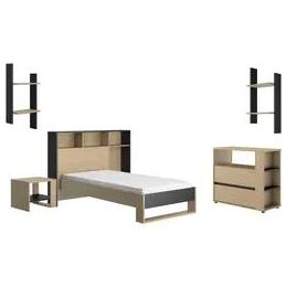 Schlafzimmer-Set GAMI "Nael SET N3", eiche rockwood nachbildung, uni schwarz, Eiche Rockwood Nachbildung / Uni Schwarz + ohne Matratze, B/H: 90cm x 200cm, Eiche Rockwood Nachbildung / Uni Schwarz, Schlafzimmerm&ouml;bel-Sets, Elegant Schlafzimmer