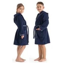 Kinderbademantel Bruno Banani "Danny, Ideal f&uuml;r Zuhause, Schwimmbad oder im Urlaub" Gr. 140, blau (marine), L:91cm, Walkfrottee, Hausm&auml;ntel, mit Logostreifen, aus 100% Baumwolle