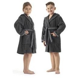 Kinderbademantel Bruno Banani "Danny, Ideal f&uuml;r Zuhause, Schwimmbad oder im Urlaub" Gr. 116, grau (anthrazit), L:72cm, Walkfrottee, Hausm&auml;ntel, mit Logostreifen, aus 100% Baumwolle