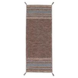 Teppich CarpetFine "Kelim Azizi, auch als L&auml;ufer erh&auml;ltlich", braun, B:80cm H:5mm L:350cm, Baumwolle, Teppiche, Teppich, handgewebt, Baumwolle, Wendeteppich mit Fransen, Fleckerl, Wohnzimmer