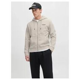 Jack & Jones Kapuzensweatshirt JACK & JONES "JJESOHO SWEAT ZIP HOOD NOOS", Herren, Gr. M, moonbeam, angeraute Sweatware, Obermaterial: 80% Baumwolle, 20% Polyester, bedruckt, relaxed fit, ohne Ausschnitt, Rippb&uuml;ndchen, Sweatshirts