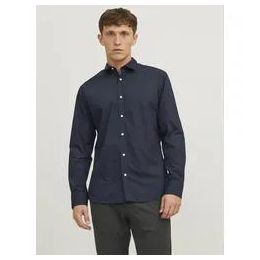 Jack & Jones Langarmhemd JACK & JONES "JJJOE SHIRT LS PLAIN", Herren, Gr. S, N-Gr, blau (navy blazer), Web, Obermaterial: 65% Polyester, 35% Baumwolle, unifarben, slim fit normal, ohne Ausschnitt, &Auml;rmel mit &Auml;rmelschlitz 2-Knopf-Manschette, Hemden, Materialmix, slim fit