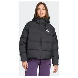 Winterjacke Adidas SPORTSWEAR "ESSENTIALS CLIMAWARM 3-STREIFEN PUFFER MIT KAPUZE", Damen, Gr. S, schwarz, Obermaterial: 100% Polyamid. Wattierung: 80% Entendaune, 20% Federn, Jacken Winterjacke