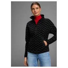 Fleecepullover Polarino, Damen, Gr. 32/34, schwarz (schwarz, grau), Fleece, Obermaterial: 100% Polyester, bedruckt, gemustert, gestreift, kontrastfarbene Details, unifarben mit Farbeinsatz, bequem h&uuml;ftlang, eingefasste Kante, Sweatshirts Fleecepullover, mit Colourblocking-Optik, mit K&auml;ngurutasche, aus Fleecestoff