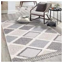 Hochflor-Teppich Carpet City "Valencia 731", blau (graublau, creme), B:80cm H:20mm L:150cm, Polypropylen, Teppiche, Fransenteppich, L&auml;ufer, Boho-Stil, 3D-Effekt, Raute, Hoch-Tief-Struktur, mit Fransen