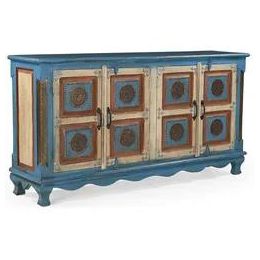 Sideboard OTTO HOME "Mahar", blau, creme, B:160cm H:85cm T:40cm, Massivholz, Sideboards, Sideboard, mit aufwendiger Schnitzerei, handgefertigt, Unika-M&ouml;bel, Breite 160 cm