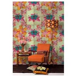 Livingwalls Vliestapete LIVING WALLS "Bunte Blumen-Tapete Orange Gr&uuml;n Pink floral", gr&uuml;n, B:2,7m H:0,02m L:4m, Vlies, Tapeten