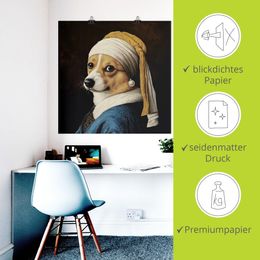 Wandbild Artland, B:100cm H:100cm, blau, Papier, Wohnzimmer, Bilder, "Der Corgi mit dem Perlenohrring", als Alubild, Leinwandbild, Poster,