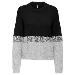 Rundhalspullover Only "ONLMAINE LIFE LS SEQUIN BLOCK O-NECK KNT", Damen, Gr. XS, schwarz detail:sliver sequins, light grau mel, Strick, Obermaterial: 70% Polyester, 21% Nylon, 8% Wolle, 1% Elasthan, colorblocking, regular fit, Rundhals, Pullover Rundhalspullover