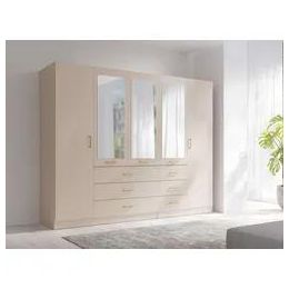 Kleiderschrank Home Affaire "KOS Garderobe mit 6 Schubladen, Kleiderstange, 5 Einlegeb&ouml;den, Spiegel", beige, B:250cm H:200,5cm T:58cm, Melamin, Schr&auml;nke, Kleiderschrank, Kleiderschrank mit 5 T&uuml;ren, goldenen Griffen, Ma&szlig;e B/H/T 250/200/58 cm