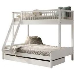 Etagenbett Vipack "Forrest Massivholzbett Made in Europe, stabil und hochwertig gebaut", wei&szlig;, wei&szlig;, wei&szlig;, B:157,5cm H:175,4cm L:205,7cm, Etagenbetten, Etagenbett, mit Absturzschutz oben in Sprossenoptik, Buche wei&szlig; lackiert