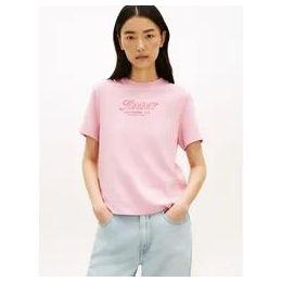 Kurzarmshirt Tommy Hilfiger "TILT GRAPHIC REG C-NK SS TEE", Damen, Gr. XL (46), pink, Single Jersey, Obermaterial: 100% Baumwolle, bedruckt, unifarben, normal, Rundhals, Shirts, mit gro&szlig;em Logo-Print
