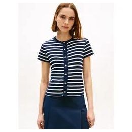 Kurzarmshirt Tommy Hilfiger "GOLD BUTTON SLIM SS TEE", Damen, Gr. M (40), breton stripe schwarz night, ecru, Single Jersey, Obermaterial: 100% Baumwolle, gestreift, slim fit, Shirts