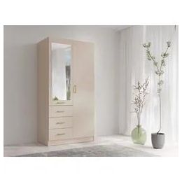 Kleiderschrank Home Affaire "KOS Garderobe mit 3 Schubladen, Kleiderstange und Spiegel", beige, B:101cm H:200,5cm T:58cm, Melamin, Schr&auml;nke, Kleiderschrank, Kleiderschrank mit 2 T&uuml;ren, goldenen Griffen, Ma&szlig;e B/H/T 101/200/58 cm