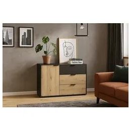 Kommode Home Affaire "PERY Sideboard mit 3 Schubladen und 3 F&auml;cher, Ma&szlig;e B/T/H: 125/36/79 cm", schwarz, natur, B:125cm H:79,8cm T:36,5cm, Melamin, Sideboards, Kommode, Moderner Schubladenschrank mit viel Stauraum und schwarzen Griffen
