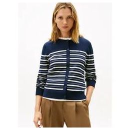 Cardigan Tommy Hilfiger "CO JERSEY STITCH CARDIGAN", Damen, Gr. M (38), schwarz night navy, calico multi stp, Feinstrick, Obermaterial: 67% Baumwolle, 33% Polyamid, gestreift, regular fit h&uuml;ftlang, Rundhals, Rippstrickb&uuml;ndchen, Strickjacken, Baumwollmischung, regular fit, Rundhals, goldfarbene Kn&ouml;pfe