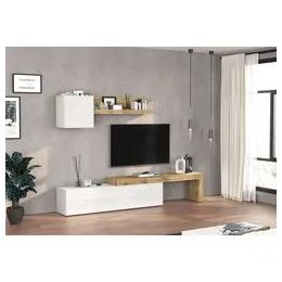 TV-Wand OTTO HOME "Chronos TV-Set, Wohnwand &ndash; Elemente frei platzierbar, Made in Italy", wei&szlig; hochglanz, eiche wotan, B:270cm H:190cm T:40cm, Kastenm&ouml;bel-Sets, Lowboard B 270 cm, H&auml;ngeschrank B 50 cm, Wandregal B 120 cm