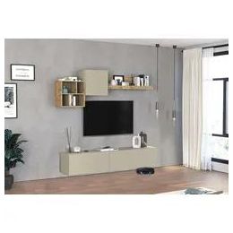 TV-Wand OTTO HOME "Chronos TV-Set, Wohnwand &ndash; Elemente frei platzierbar, Made in Italy", taube, eiche wotan, B:220cm H:190cm T:40cm, Kastenm&ouml;bel-Sets, Lowboard B 210 cm,H&auml;ngeschrank,H&auml;ngeregal B 50 cm,Wandregal B 120 cm