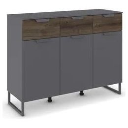 Kombikommode Rauch "Barea", graumetallic, atlantic oak dunkel, B:120cm H:92cm T:42cm, Holzwerkstoff, Sideboards, Kombikommode, 3 T&uuml;ren, 3 ger&auml;umige Schubladen, B&ouml;den verstellbar MADE IN GERMANY