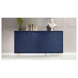 Kommode Home Affaire "ROMILDA Sideboard mit 3 Schubladen und 2 T&uuml;ren, B/T/H: 156/40,5/89 cm", dunkelblau, B:156,2cm H:89,2cm T:40,5cm, Melamin, Sideboards, Kommode, Kommode mit goldenen Griffen auf goldenen F&uuml;&szlig;en, viel Stauraum