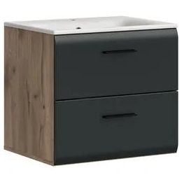 Waschbeckenunterschrank Welltime, nox oak nb, schwarz matt, B:60cm H:53cm T:46cm, Holzwerkstoff, MDF, Schr&auml;nke, Waschbeckenunterschrank, Florenz, Waschtisch inkl. Waschbecken, Nox Oak, 2 Schubladen
