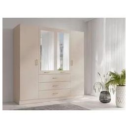 Kleiderschrank Home Affaire "KOS Garderobe mit 3 Schubladen, Kleiderstange, 8 Einlegeb&ouml;den, Spiegel", beige, B:200cm H:200,5cm T:58cm, Melamin, Schr&auml;nke, Kleiderschrank, Kleiderschrank mit 4 T&uuml;ren, goldenen Griffen, Ma&szlig;e B/H/T 200/200/58 cm