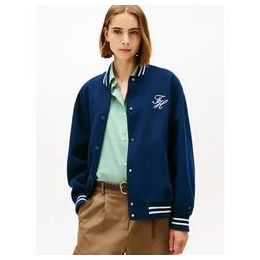 Bomberjacke Tommy Hilfiger "DF WOOL VARSITY BOMBER", Damen, Gr. 40, schwarz night navy, Web, Obermaterial: 60% Wolle, 40% Polyester, unifarben mit Farbeinsatz, regular fit, Rippb&uuml;ndchen, Jacken Bomberjacke, mit Wolle