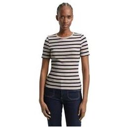 Rundhalsshirt Tom Tailor DENIM, Damen, Gr. S, cloud grau navy stripe, Single Jersey, Obermaterial: 93% Baumwolle, 7% Elasthan, gestreift, k&ouml;rpernah h&uuml;ftbedeckend, Rundhals, Shirts Rundhalsshirt, gestreift, Fein-Ripp-Optik