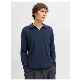 Jack & Jones Polokragenpullover JACK & JONES "JPRBLURILEY KNIT SPLIT NECK LS SN", Herren, Gr. M, sky captain, Strick, Obermaterial: 100% Baumwolle, unifarben, normal, V-Ausschnitt, Pullover