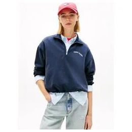 Tommy Hilfiger Sweatshirt TOMMY JEANS "TJW RLX SH VARSITY 1/4 ZIP", Damen, Gr. M (38), schwarz night navy, Sweatware, Obermaterial: 100% Baumwolle, unifarben, relaxed fit normal, Rundhals, Sweatshirts Sweatshirt, Baumwolle, Relaxed Fit