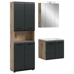 Badezimmer-Set Welltime, nox oak nb, sschwarz matt, B:135cm H:185cm T:46cm, Holzwerkstoff, MDF, Kastenm&ouml;bel-Sets, Florenz, Badkombination 5-tlg, Nox Oak NB. inkl. Waschbecken+Bel.