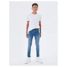 Slim-fit-Jeans name it "NKMSILAS XSLIM JEANS 2002-TX NOOS", Jungen, Gr. 116, N-Gr, blau (medium blau), Denim/Jeans, Obermaterial: 72% Baumwolle, 26% Polyester, 2% Elasthan, Abriebeffekte, unifarben, slim fit lang, Jeans Slim-fit-Jeans, slim fit, Denim, Abriebeffekte, angesetztes B&uuml;ndchen