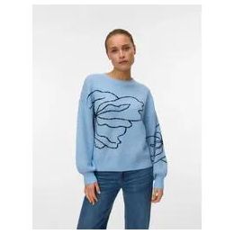 V&eacute;ro Moda Strickpullover VERO MODA "AWHEART LS O-NECK KNIT NOOS", Damen, Gr. M, cashmere blau aop:night sky flower, Strick, Obermaterial: 58% Polyester, 38% Polyacryl, 4% Elasthan, bedruckt, regular fit normal, Rundhals, Pullover Strickpullover