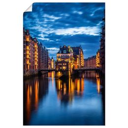 Wandbild Artland, B:20cm H:30cmfarbe bild(er): blau, Papier, Wohnzimmer, Bilder, "Wasserschloss Speicherstadt in Hamburg", als Alubild, Leinwandbild,