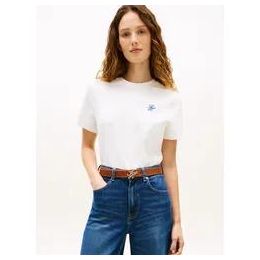 Kurzarmshirt Tommy Hilfiger "TH SCRIPT REGULAR C-NECK SHORT SLEEVE TEE", Damen, Gr. L (42/44), ecru, Single Jersey, Obermaterial: 95% Baumwolle, 5% Elasthan, unifarben, gerade normal, Rundhals, abgesteppte Kante, Shirts