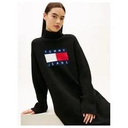 Tommy Hilfiger Strickkleid TOMMY JEANS "TJW TURTLENECK FLAG DRESS EXT", Damen, Gr. XL (42), N-Gr, schwarz, Strick, Obermaterial: 53% Polyester, 38% Nylon, 9% Wolle, bedruckt, regular fit, Kleider Strickkleid