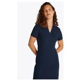 Polokleid Tommy Hilfiger "SLIM OPEN NK POLO DRESS SS", Damen, Gr. S (36/38), N-Gr, blau (schwarz night navy), Jersey, Obermaterial: 95% Baumwolle, 5% Elasthan, unifarben, figurbetont, V-Ausschnitt, Kleider, mit gestickter Tommy Hilfiger Flagge
