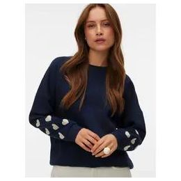 V&eacute;ro Moda Sweatshirt VERO MODA "VMKAROL BEA LS SWEAT BOX JRS GA", Damen, Gr. L, navy blazer detail:wei&szlig; emb hearts on sleeves, Sweatware, Obermaterial: 52% Baumwolle, 48% Polyester, unifarben mit Farbeinsatz, loose fit normal, Rundhals, Sweatshirts Sweatshirt, mit Blumendruck